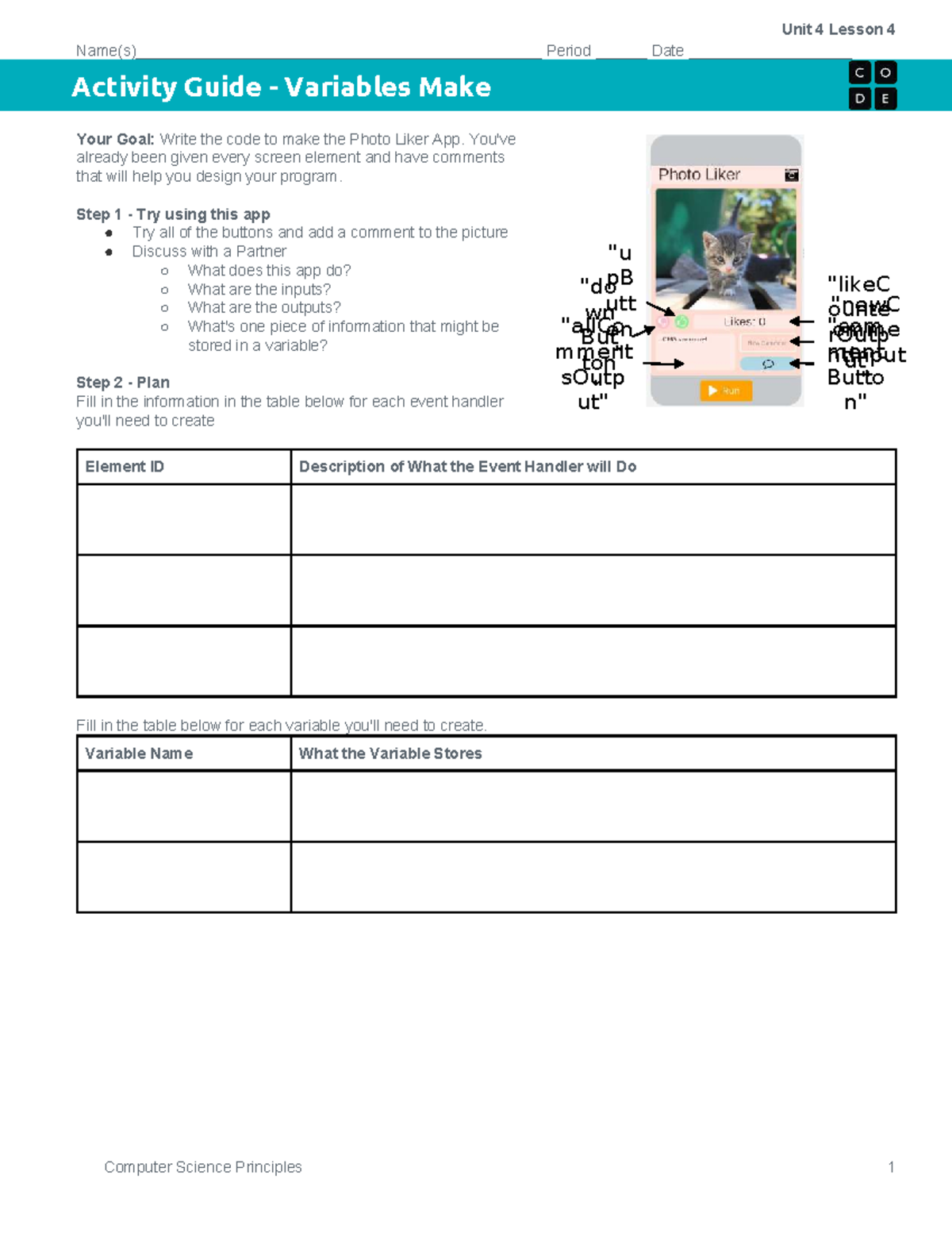 Activity Guide - Variables Make - Unit 4 Lesson 4 - Unit 4 Lesson 4 ...