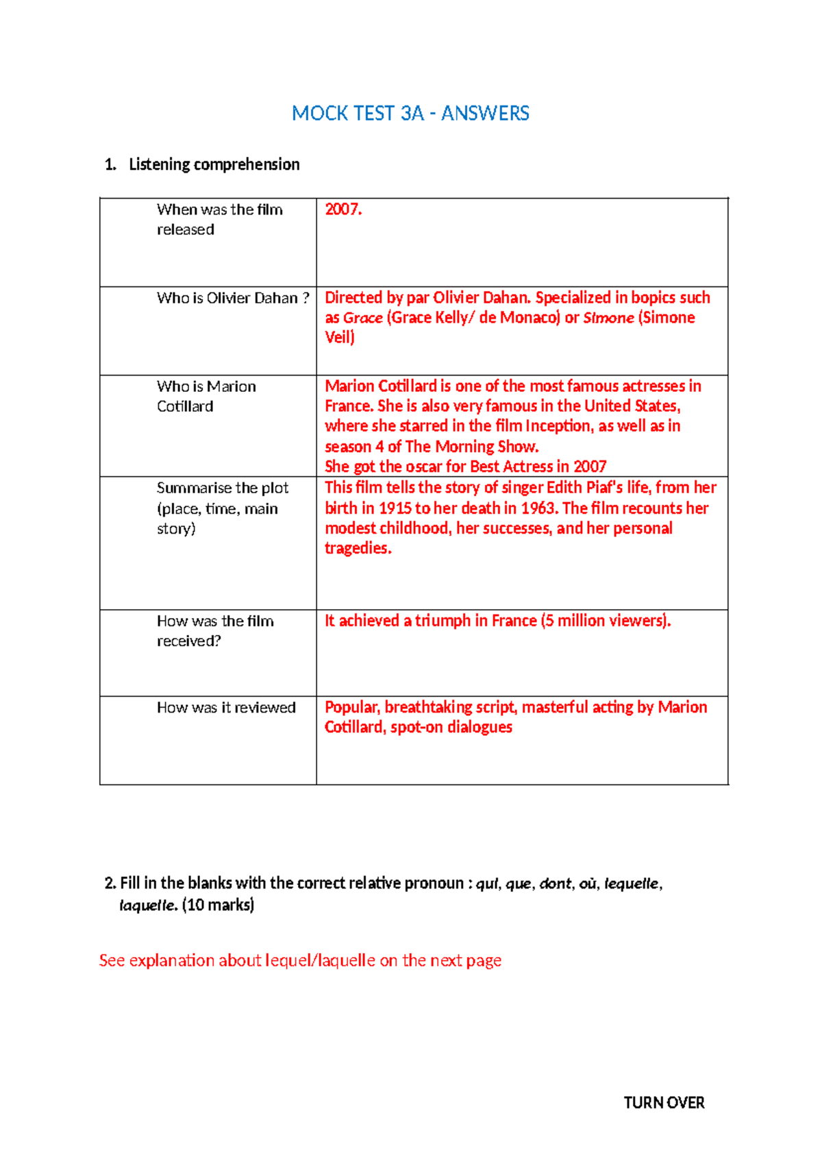 Chapter Test 3A - Answers and Listening Comprehension Insights - Studocu