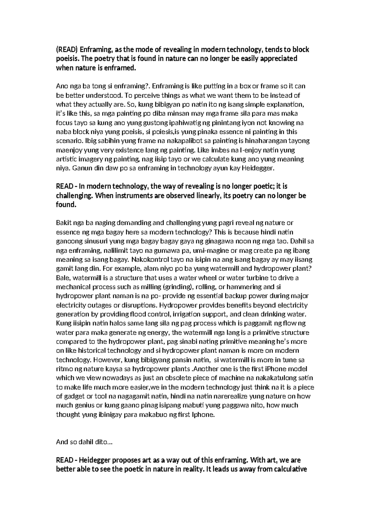 PHIL 201 Lecture Notes: Enframing and the Poetic Nature of Technology ...