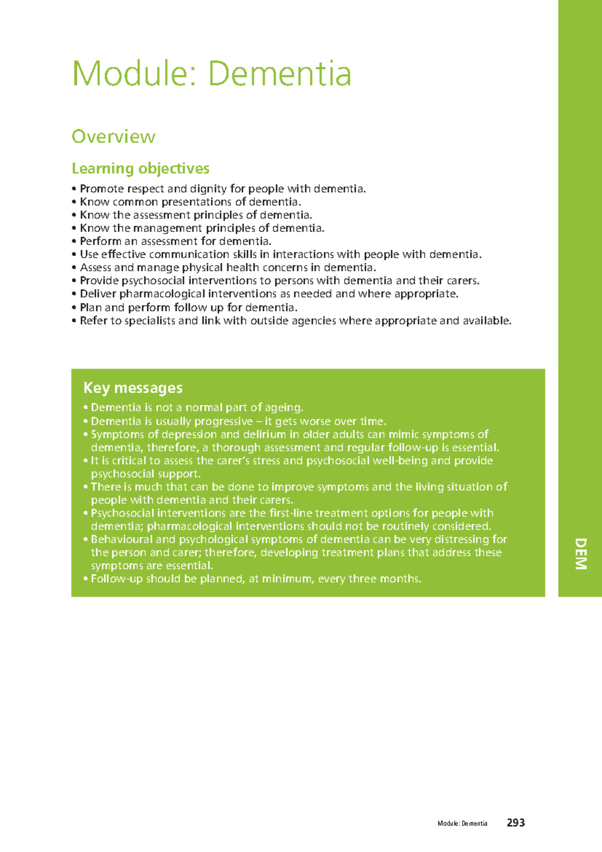 Module: Dementia Overview - Learning Objectives and Key Messages (DEM ...