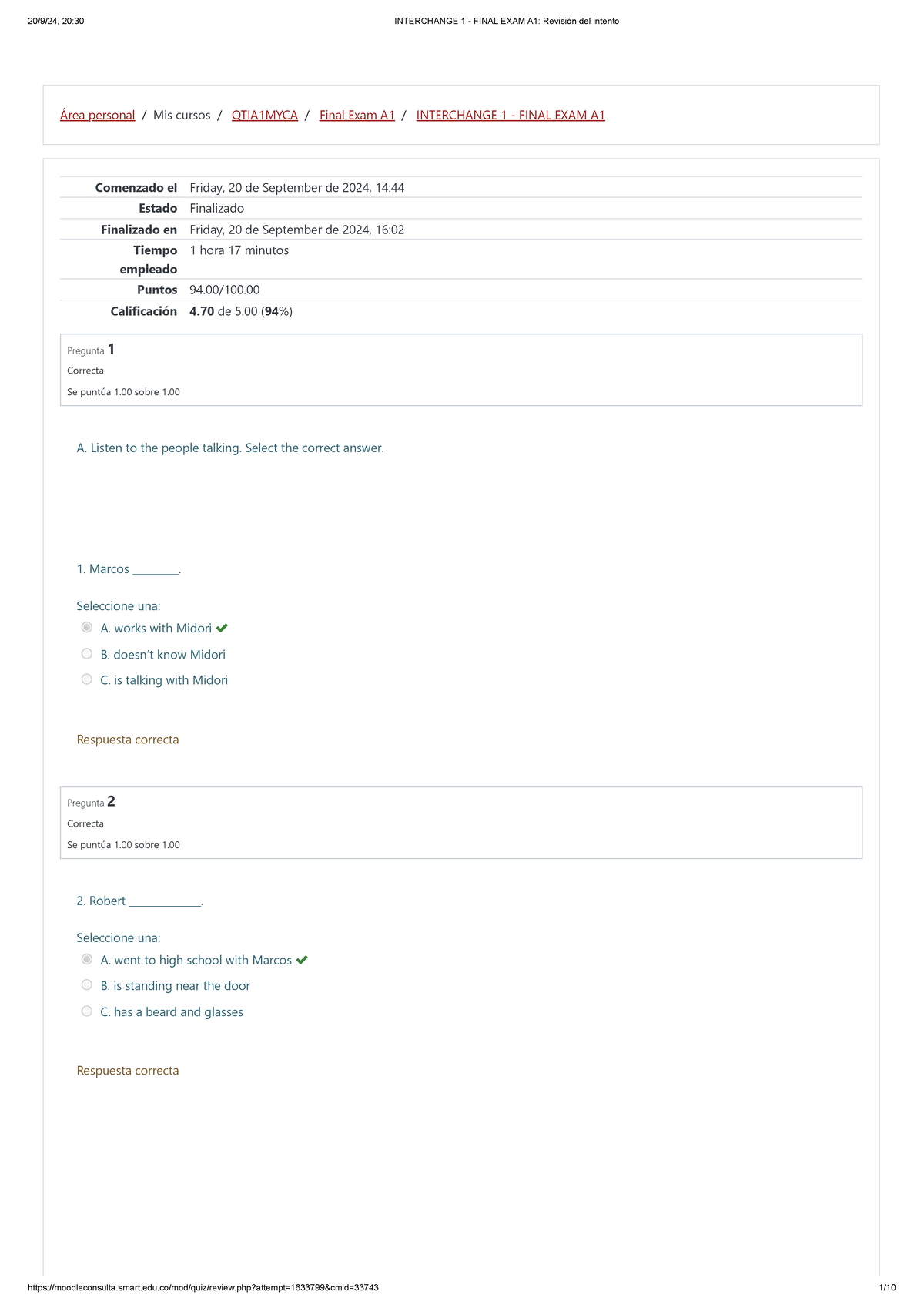 INTERCHANGE 1 - Final Exam A1 Resumen y Revisión de Resultados - Studocu