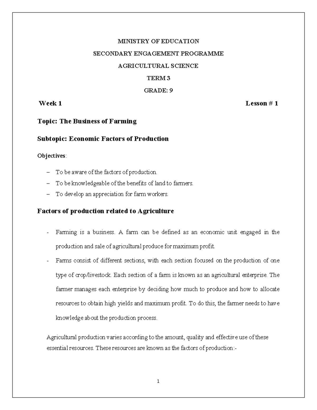 Grade 9 Agricultural Science - Term 3 Lesson Highlights (2021) - Studocu