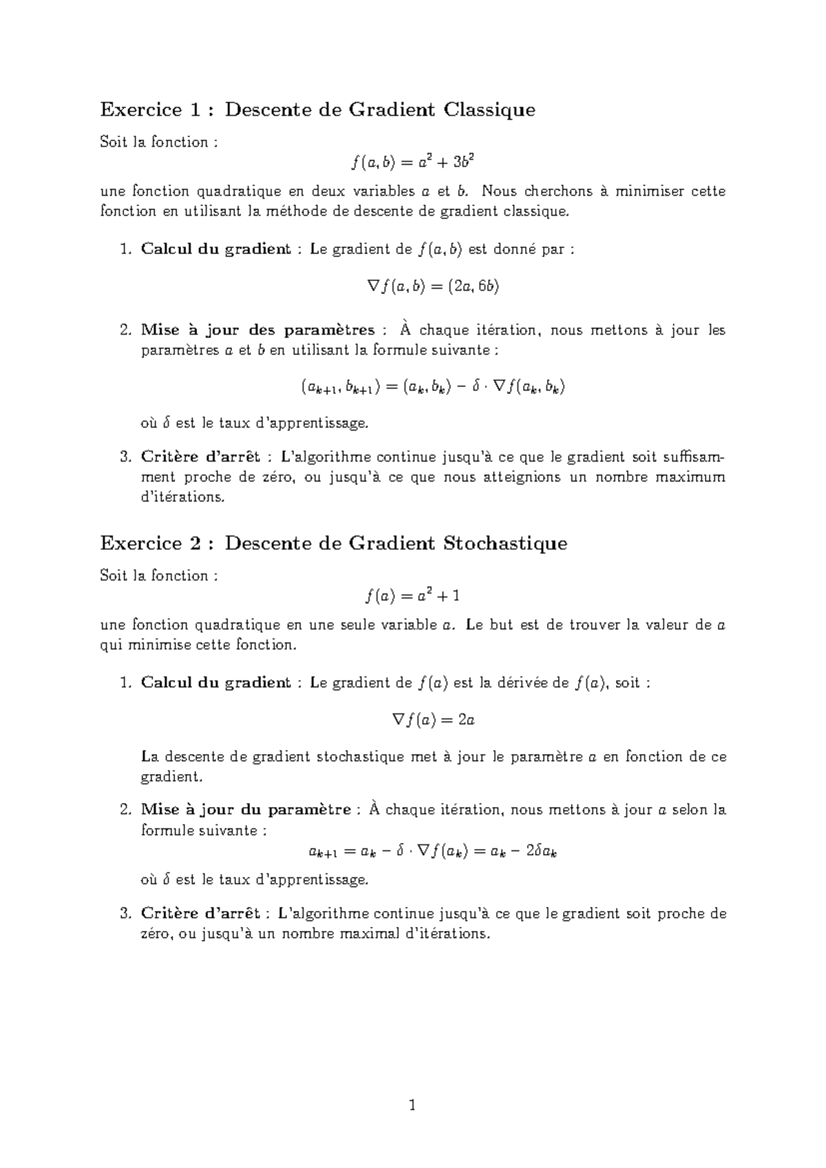 TP Gradient Descent: Exercice 1 à 3 sur la Minimisation et Réseaux de Neurones - Studocu