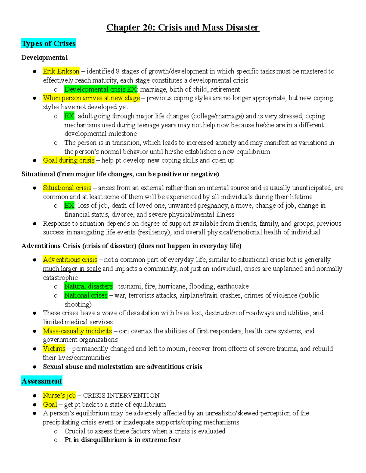Chapter 20 - MH Study Guide: Crisis Types & Coping Mechanisms - Studocu