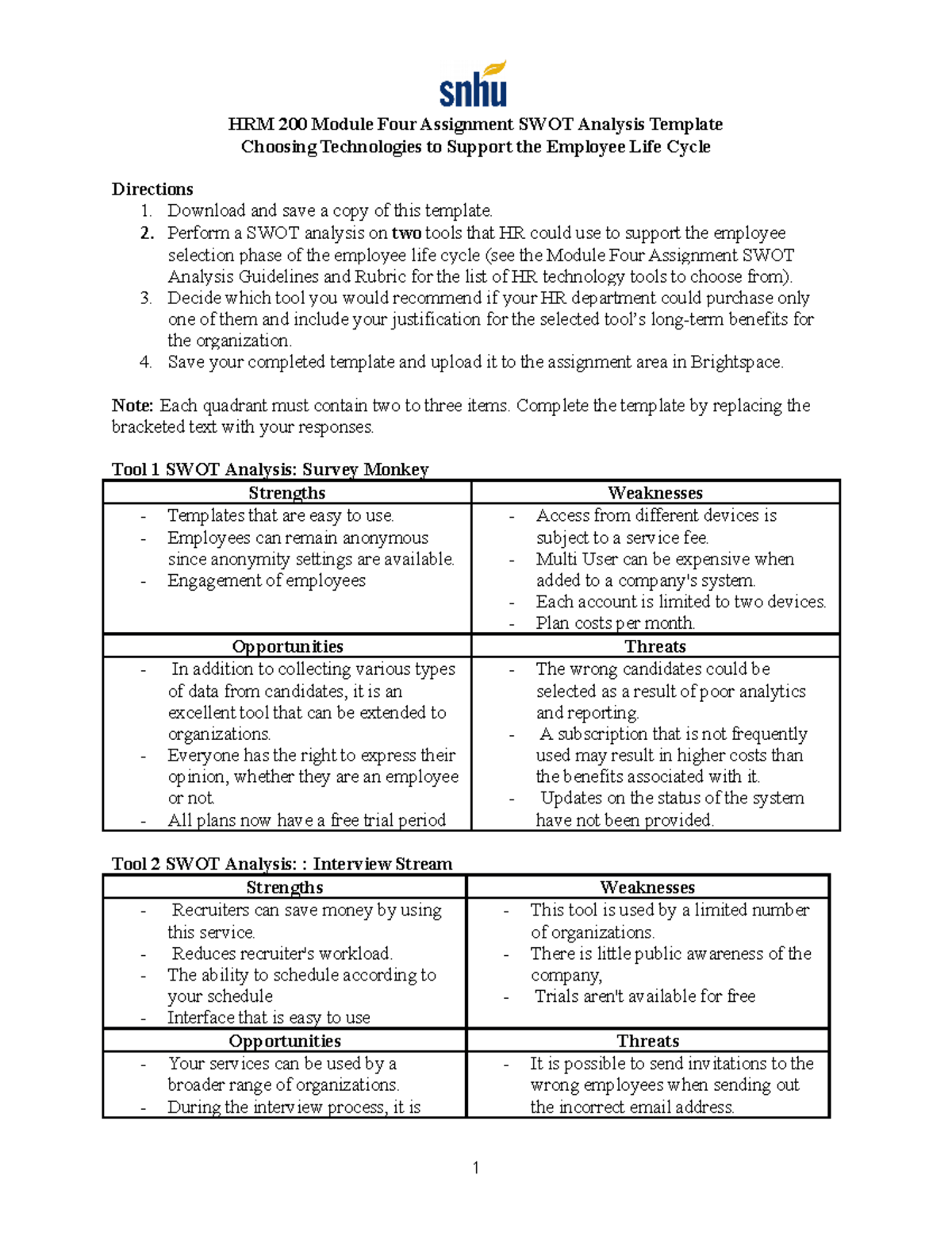 HRM 200 Module Four SWOT Analysis: Employee Lifecycle Tools - Studocu