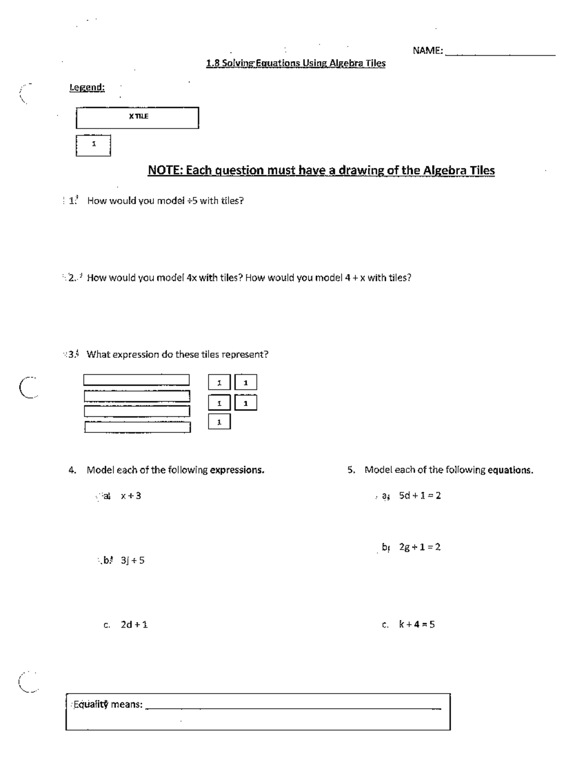 1.8 Worksheet: Solving Algebraic Equations with Algebra Tiles - Studocu
