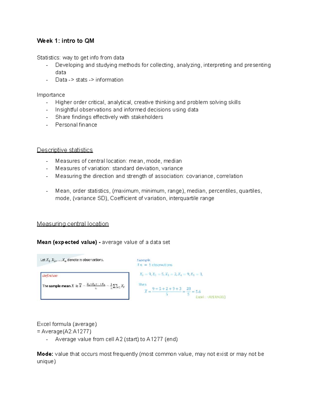 Week 1: Intro to QM Statistics - Key Concepts and Data Analysis Techniques - Studocu
