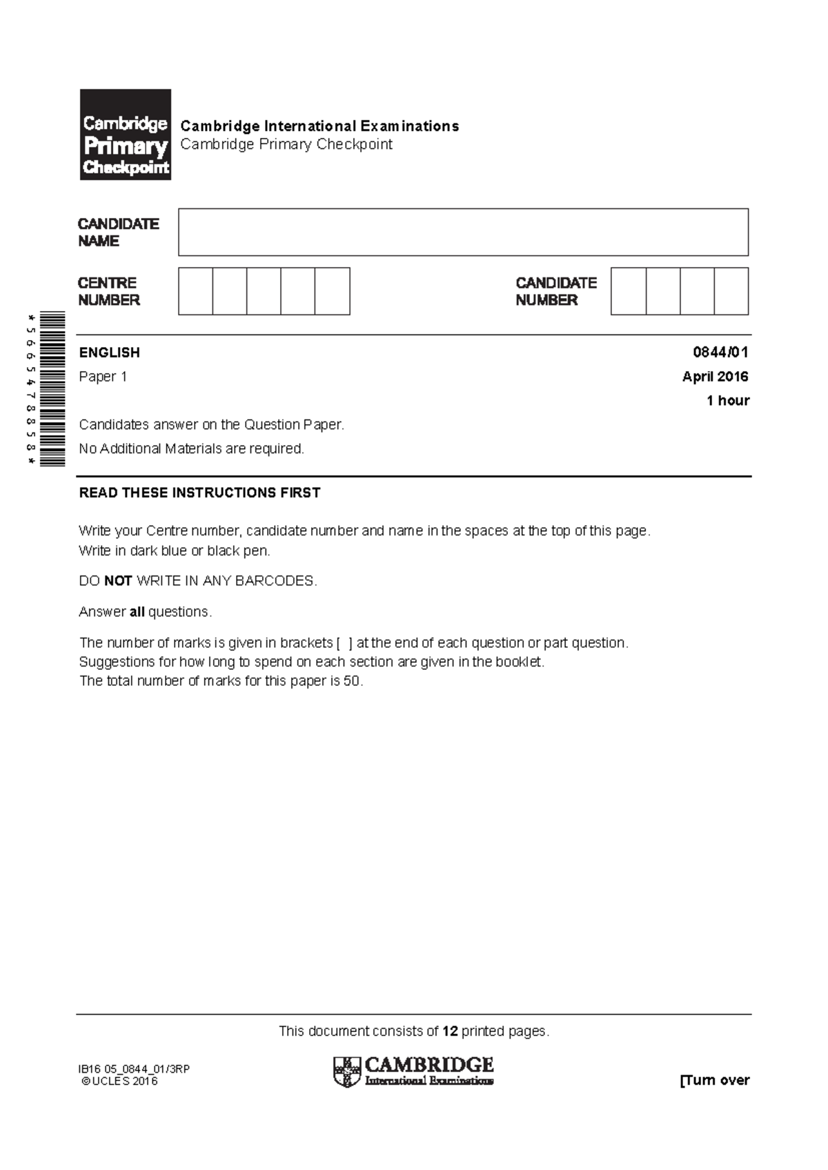 Cambridge Primary Checkpoint English 0844 Paper 1 April 2016 Exam - Studocu