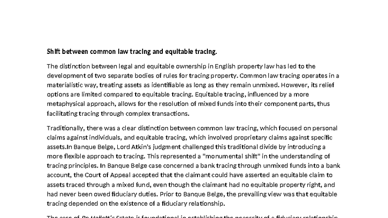 Shift in Tracing Principles: Common Law vs Equitable Approaches - Studocu