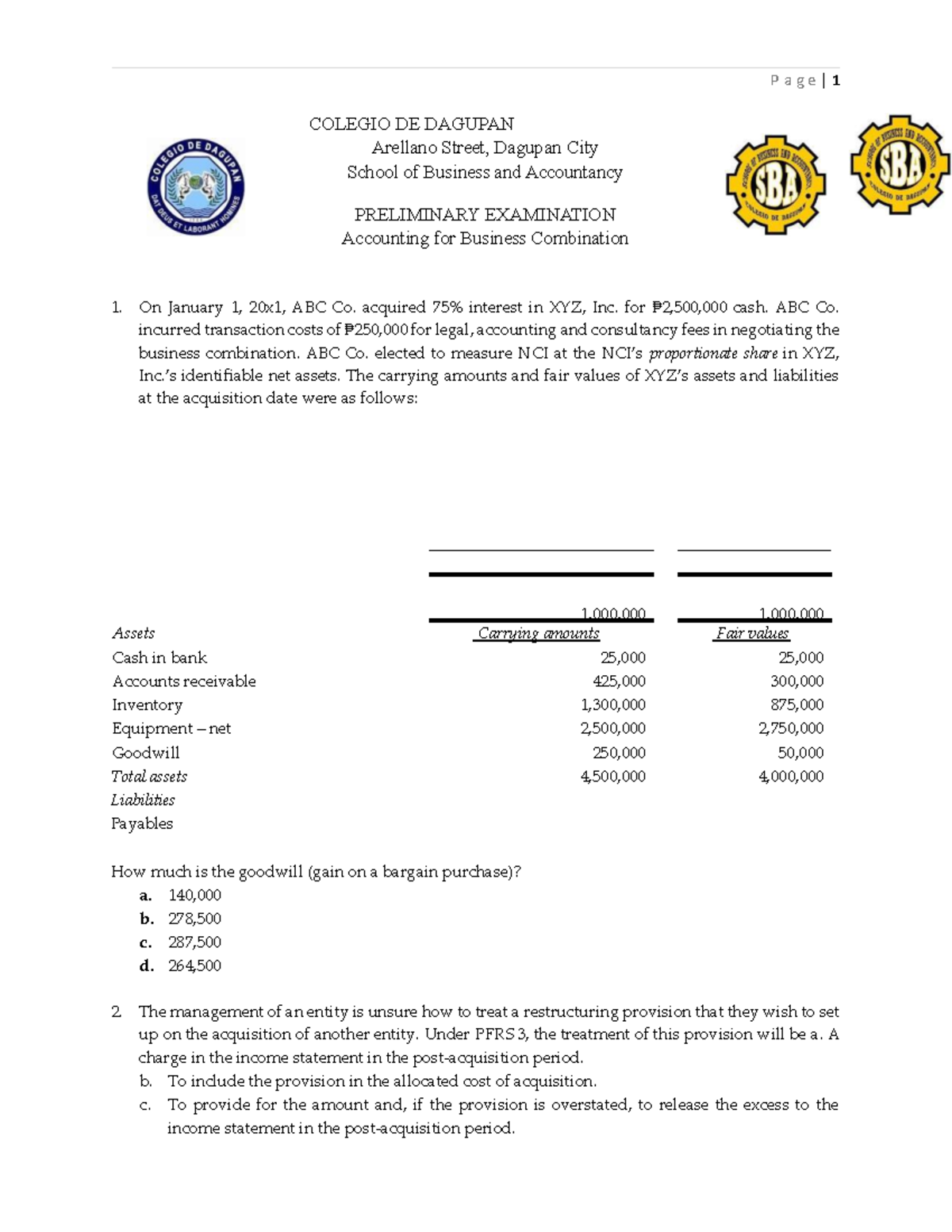COLEGIO DE DAGUPAN Accounting for Business Combinations: Prelim Exam ...