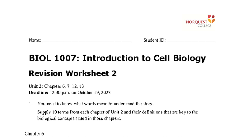 BIOL 1007: Cell Biology Revision Worksheet 2 - Key Terms & Concepts ...