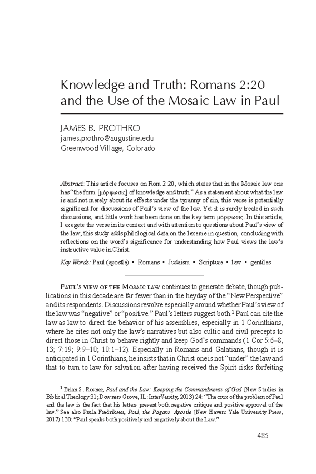 Knowledge and Truth in Romans 2:20: An Exegesis of the Law’s Role - 485 ...