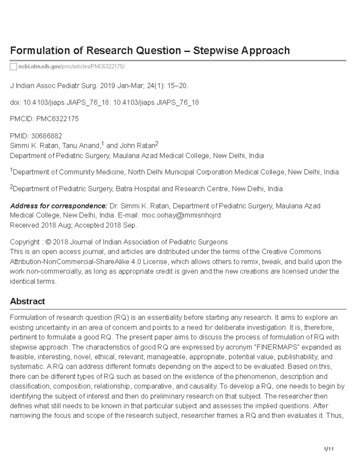 Formulation of Research Questions: A Stepwise Approach (J Indian Assoc ...