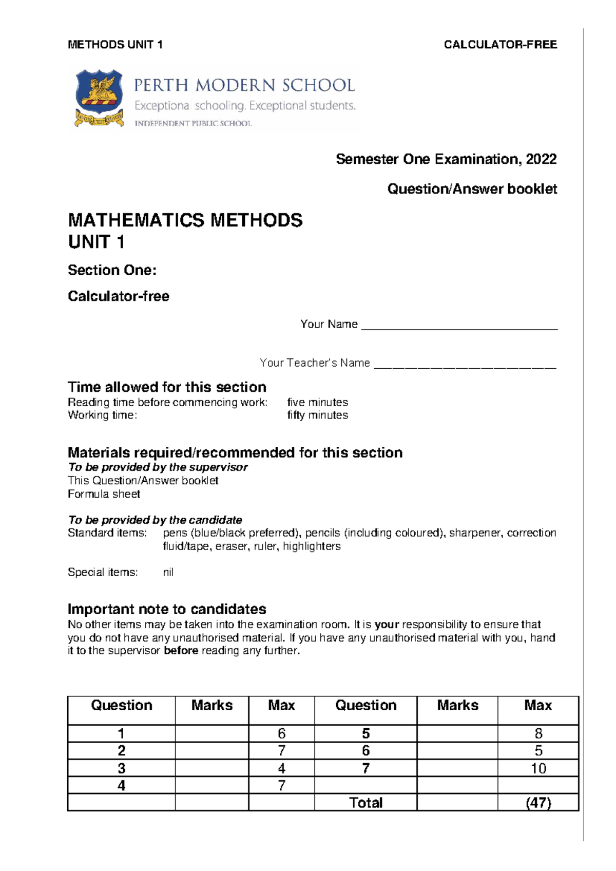 2022 YR11 MATH METHODS U1 Semester 1 Exam Booklet - Studocu
