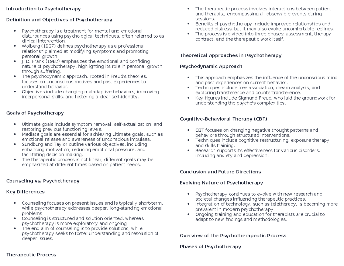 PSY 101: Introduction to Psychotherapy - Definitions, Objectives, and ...