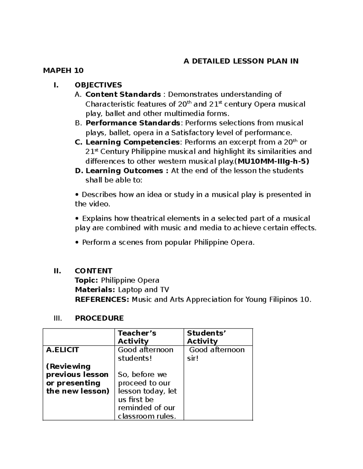 Detailed Lesson Plan for MAPEH 10: Philippine Opera - Studocu
