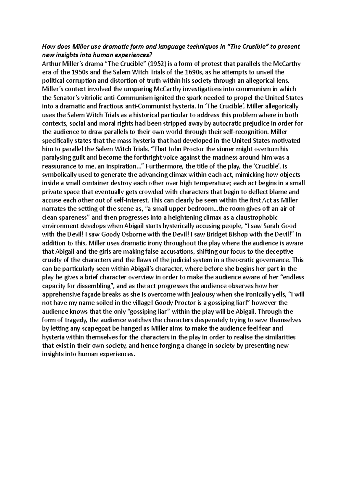 The Crucible Form - Essay paragraph - How does Miller use dramatic form ...