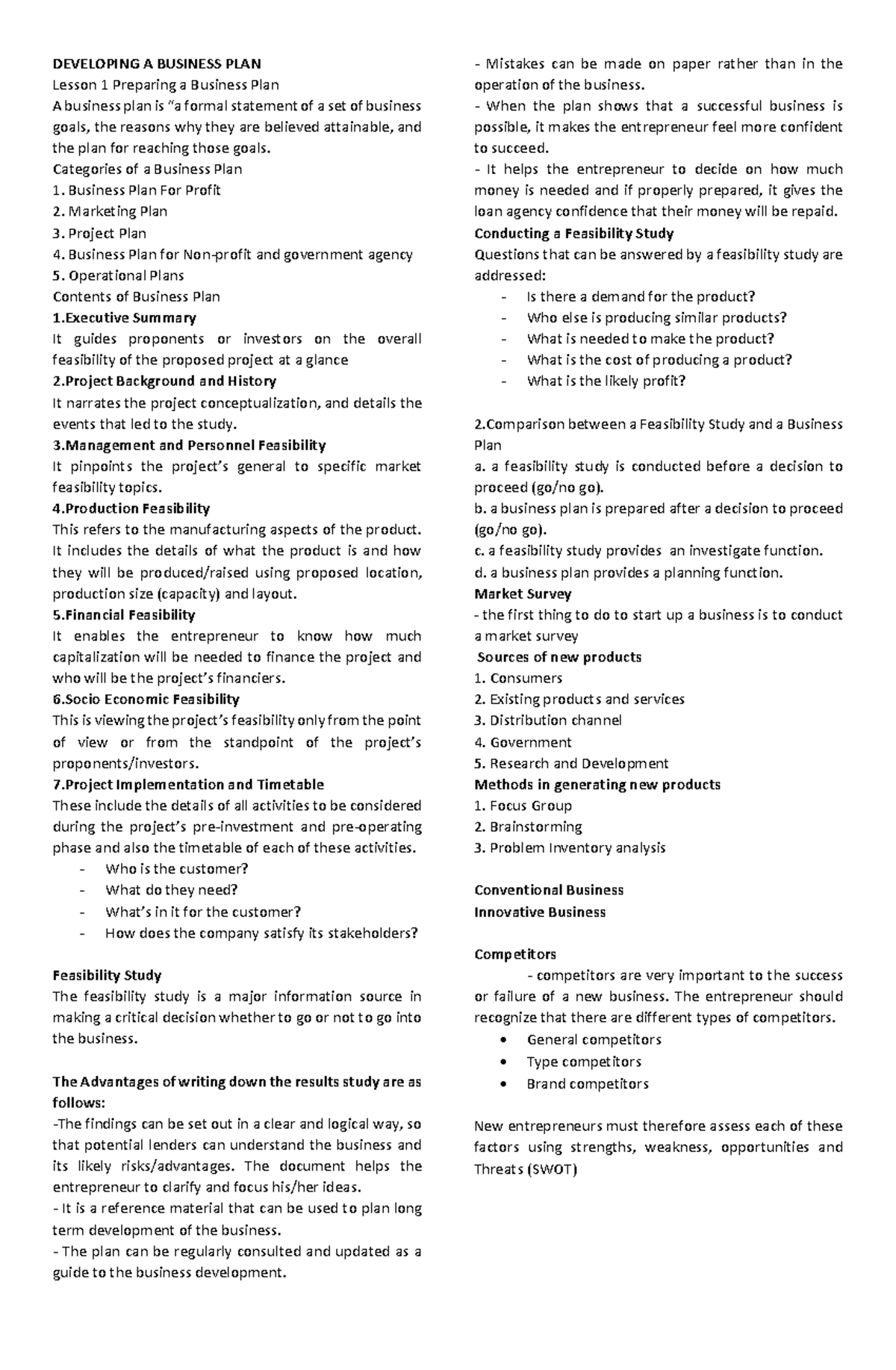 Entrep-2: Comprehensive Guide to Developing a Business Plan - Studocu