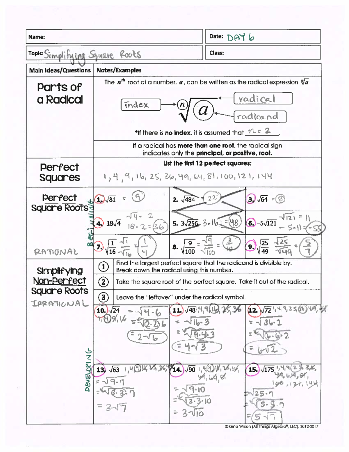 Day 6 - Simplifying Radical Notes KEY - Name: Date: DAY 6 Topic ...