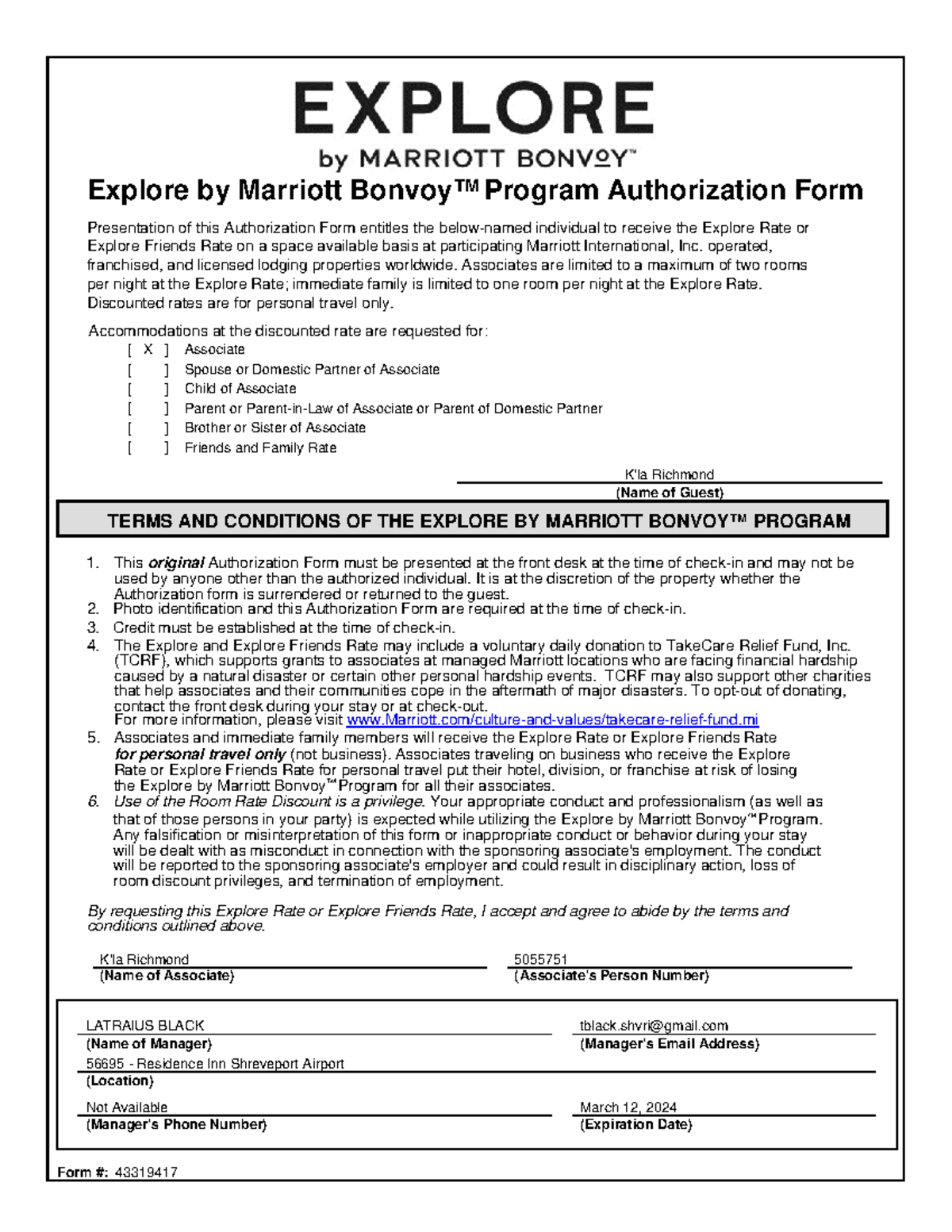Marriott Bonvoy Explore Rate Authorization Form - Room Discount Request ...