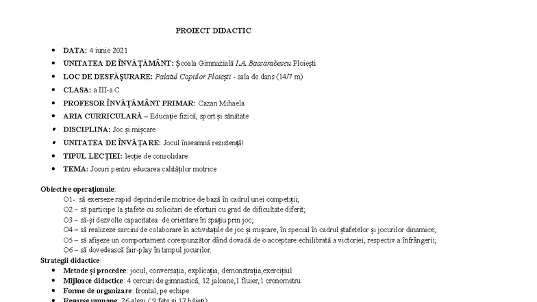 Proiect Didactic: Joc și Mișcare - Lecție de Consolidare (Clasa a C ...