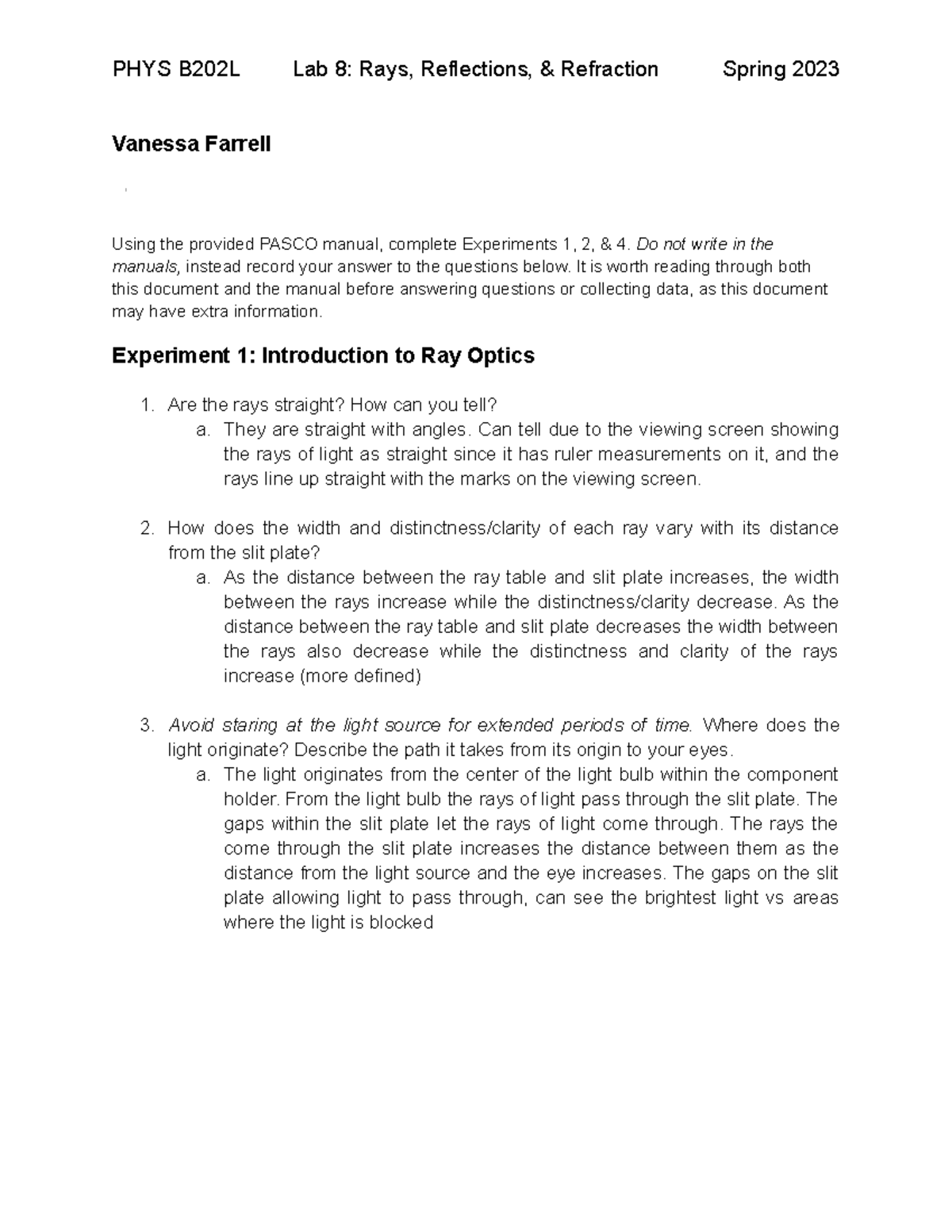 Lab 8 - Rays, refraction and reflection lab problems - Vanessa Farrell ...