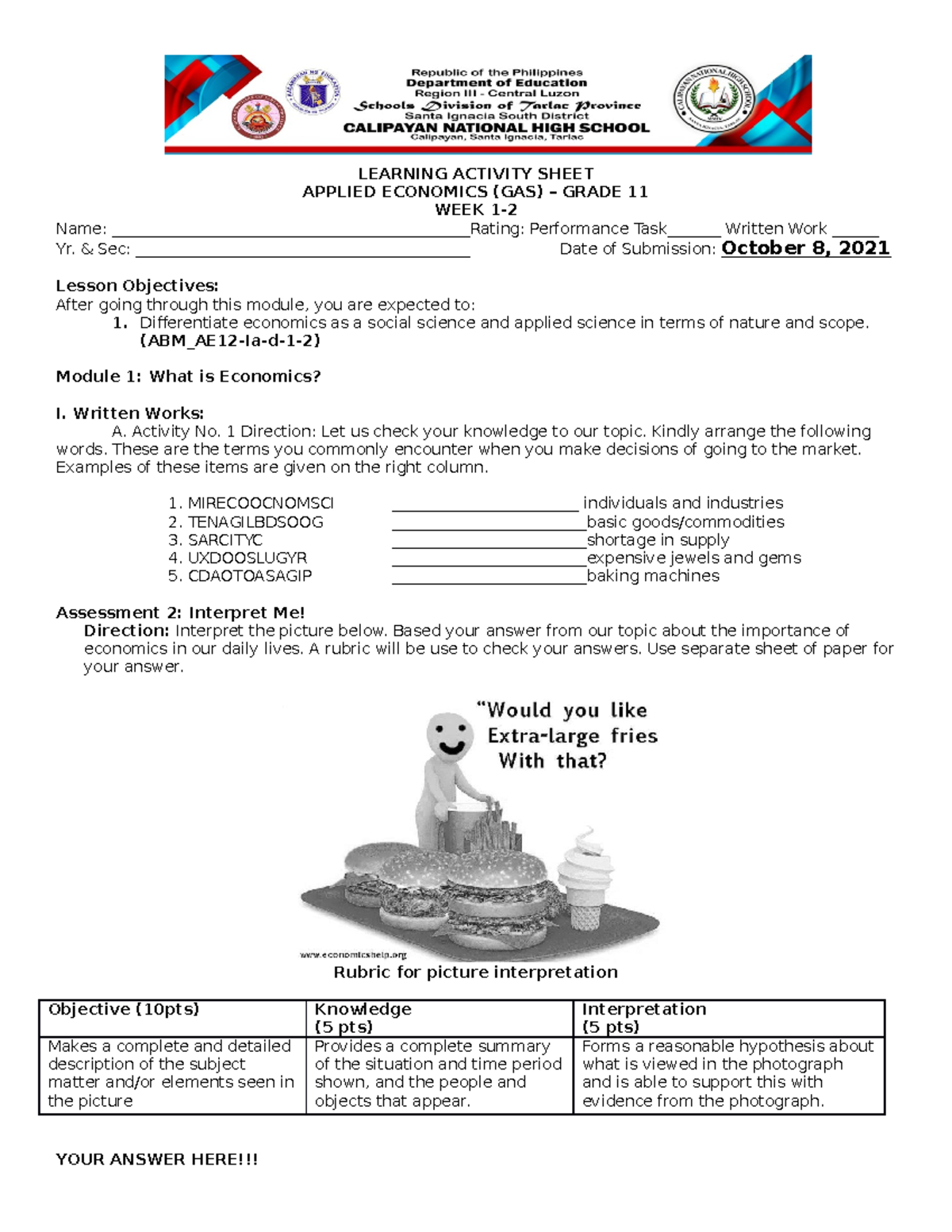 Learning Activity Sheet Q1 AE2 for Applied Economics (G11) W1-3 - Studocu