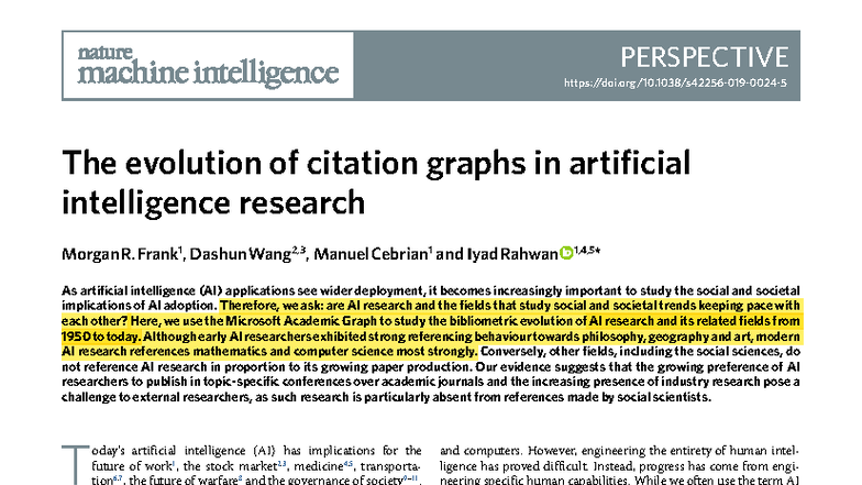 NMI2019 - The Evolution of Citation Graphs in AI Research - Studocu