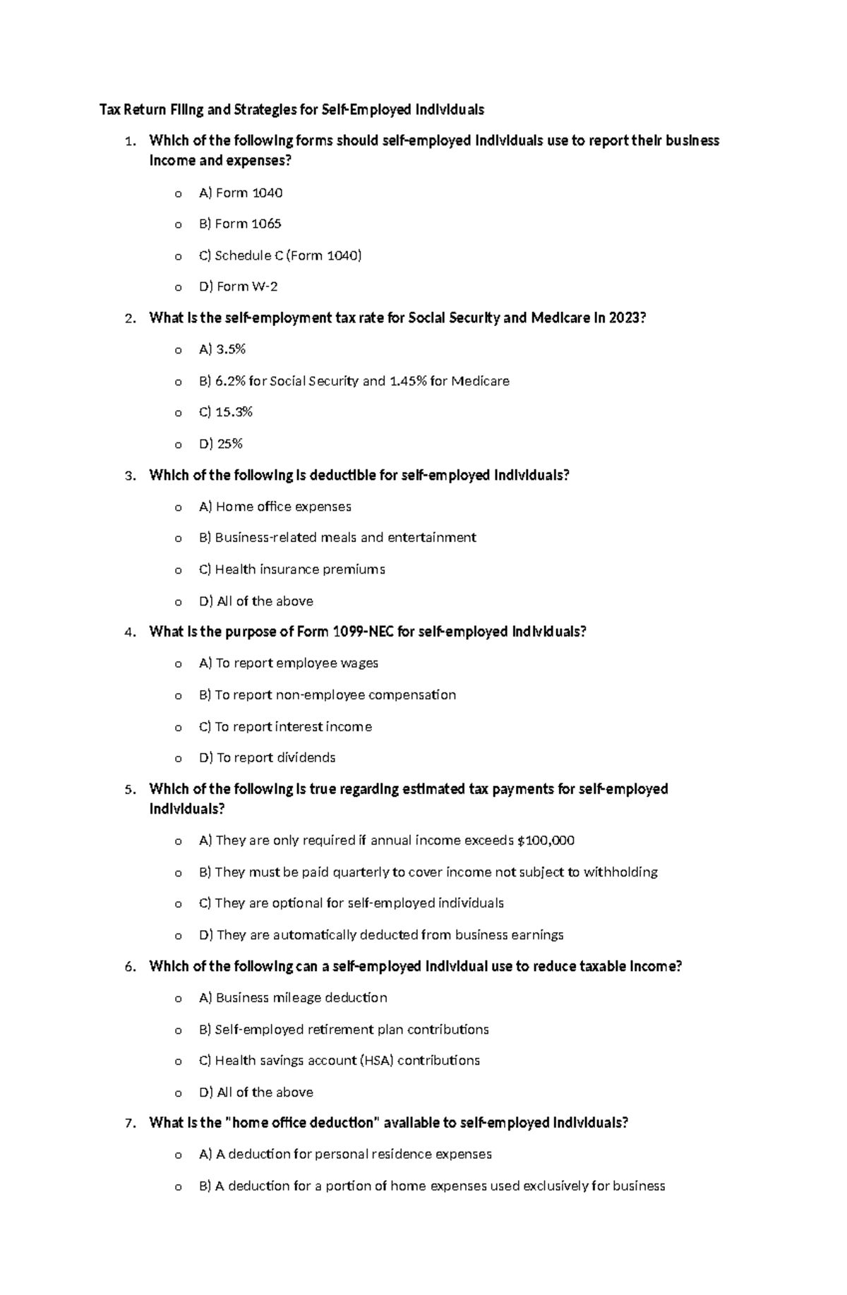 Tax Return Filing and Strategies for Self - Which of the following ...