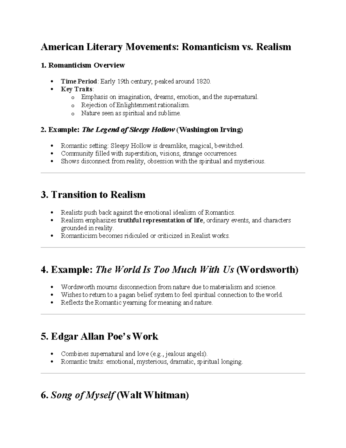 American Literary Movements: Romanticism vs. Realism - DE English - Studocu