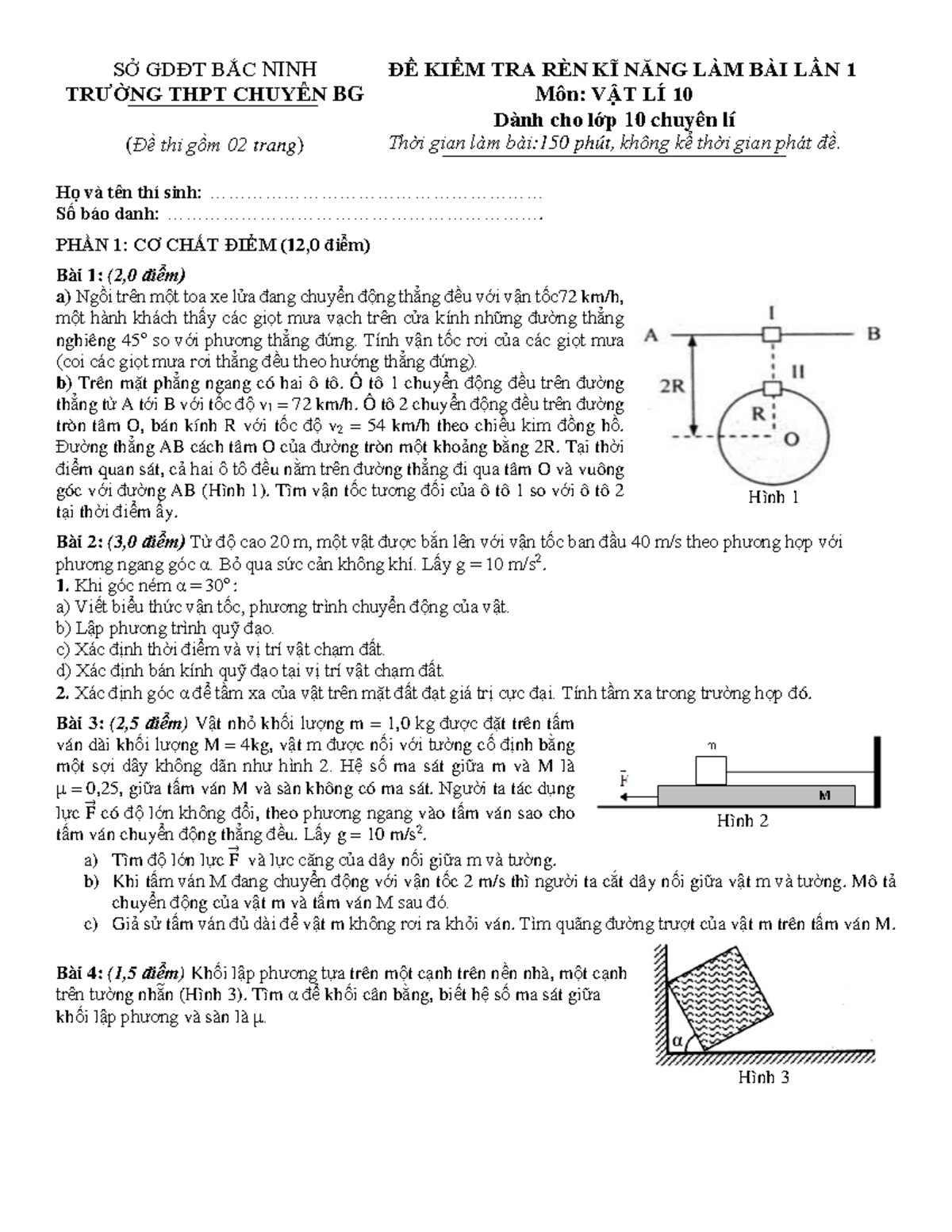 Đề Kiểm Tra Rèn Kỹ Năng Làm Bài Lần 1 - Vật Lý 10 Chuyên Lí - Studocu
