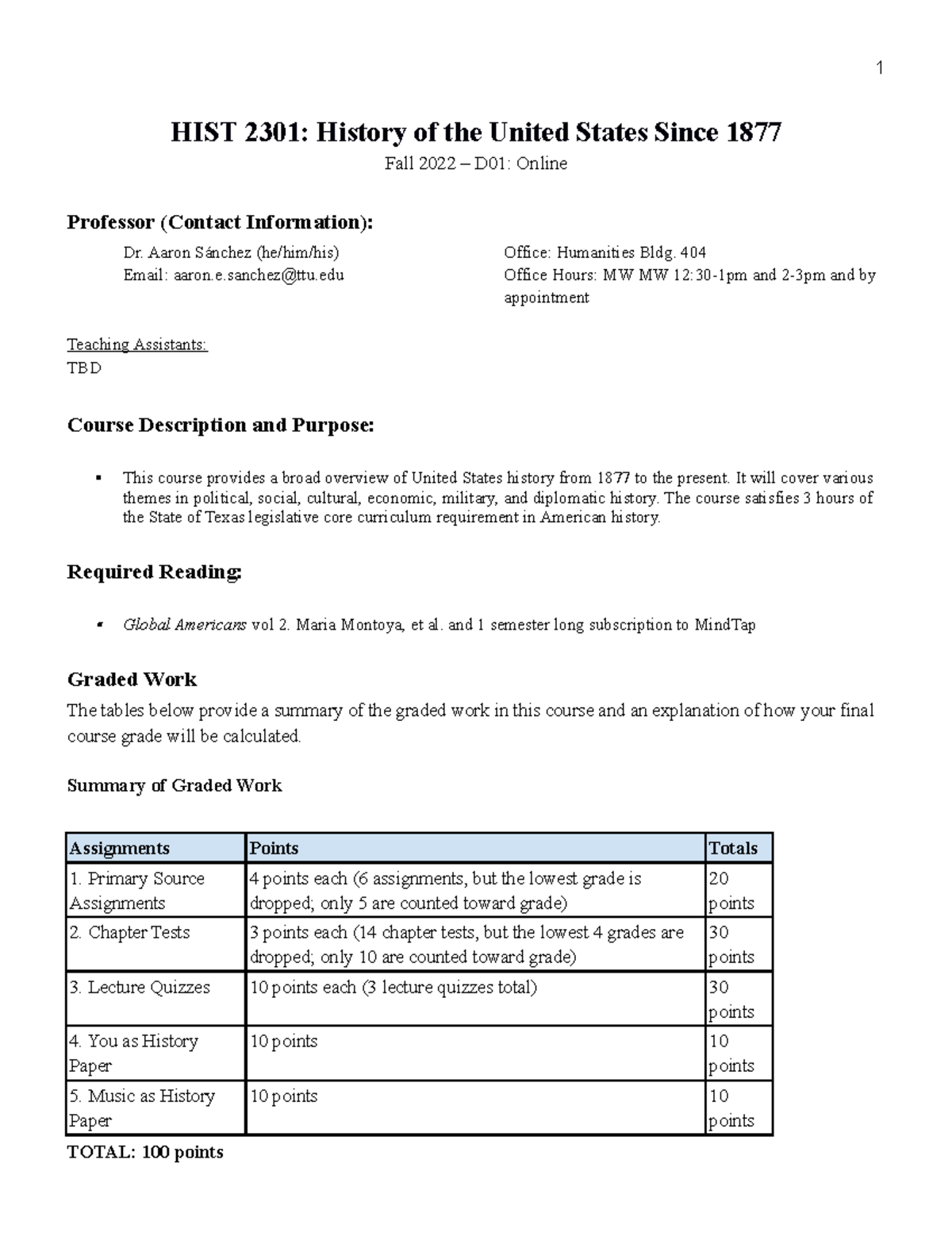 HIST 2301 Online Syllabus: US History Since 1877 Overview & Grading ...