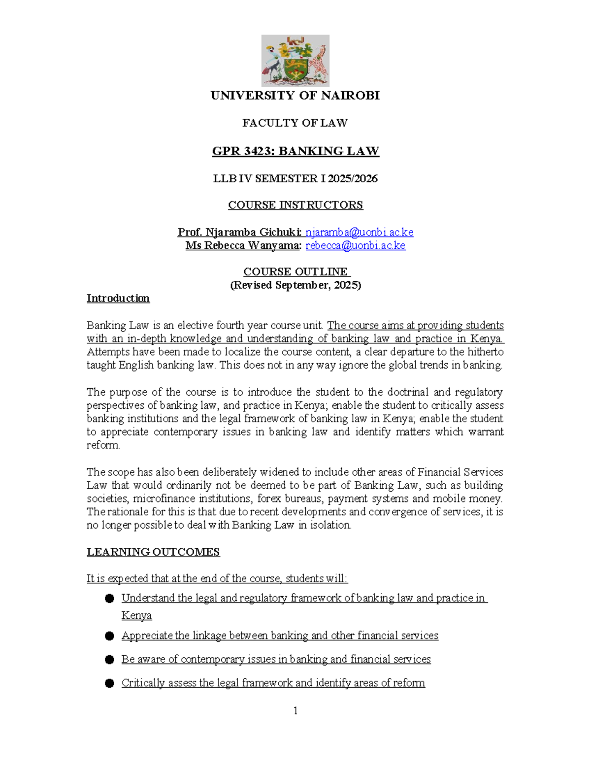 Banking Law Course Outline GPR 3423: LLB IV Semester I (2025) - Studocu