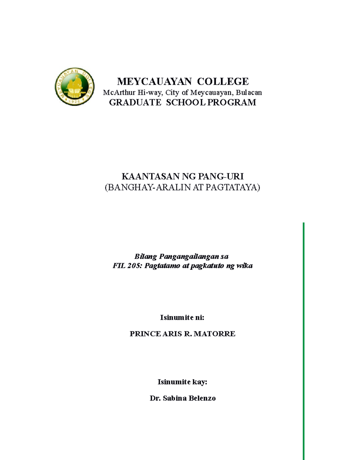 FIL 205 - Kaantasan ng Pang-uri: Banghay-Aralin at Pagtataya - Studocu