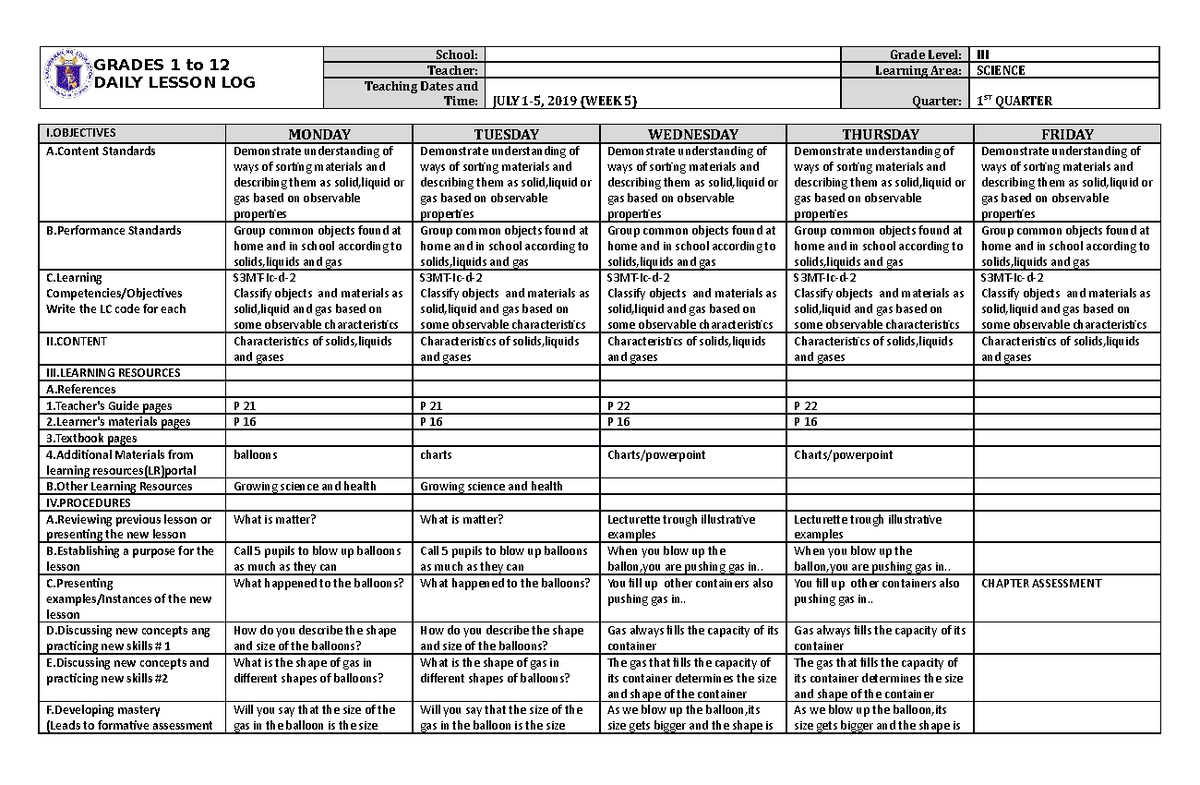 DLL Science 3 Q1 Week 5 Lesson Log on Matter Properties - Studocu