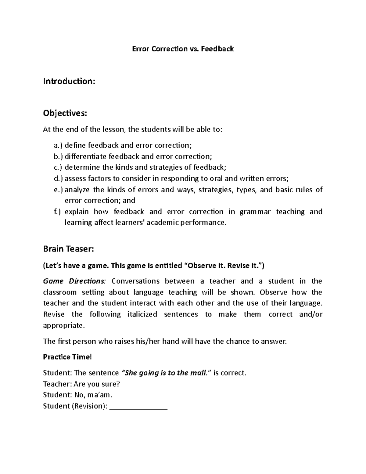 Error Correction and Feedback Strategies in SEE 9 Class - Studocu