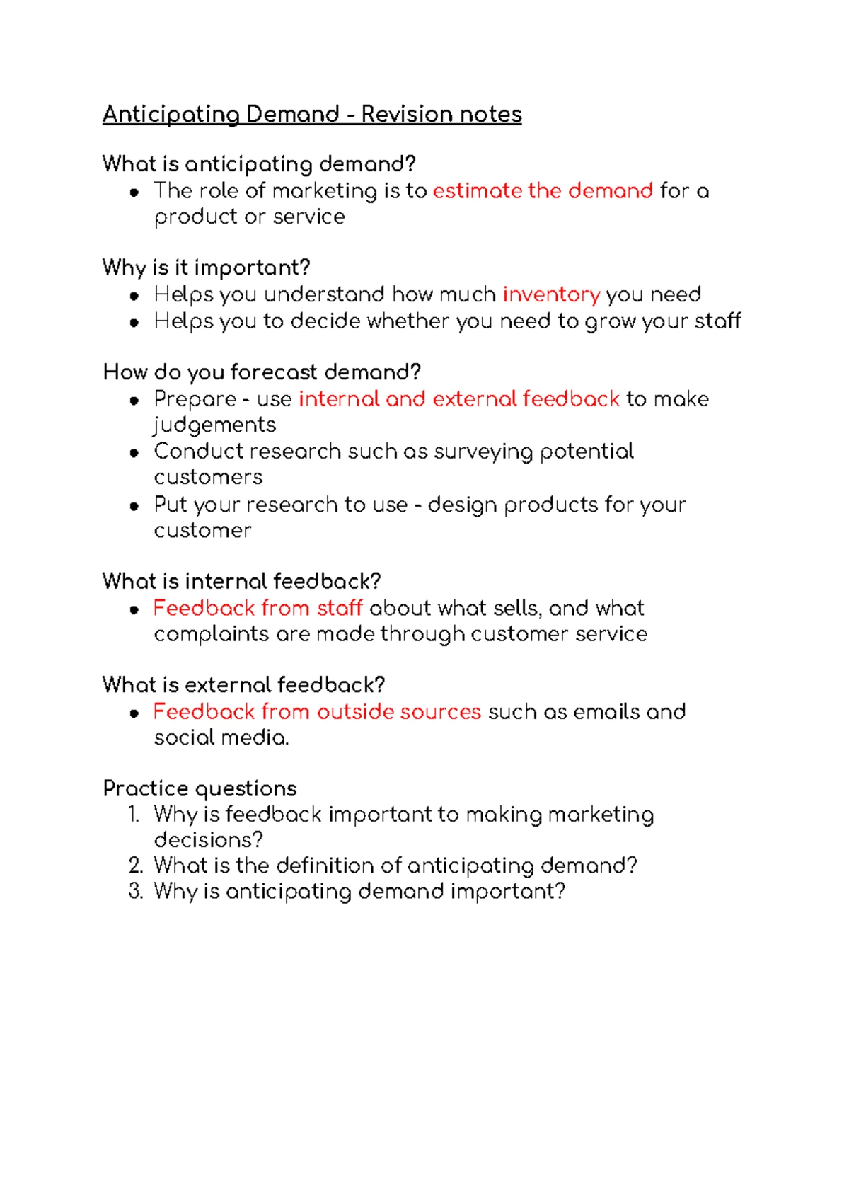 Anticipating Demand - Revision notes - A ticipati g De a d - ReÞisio ...