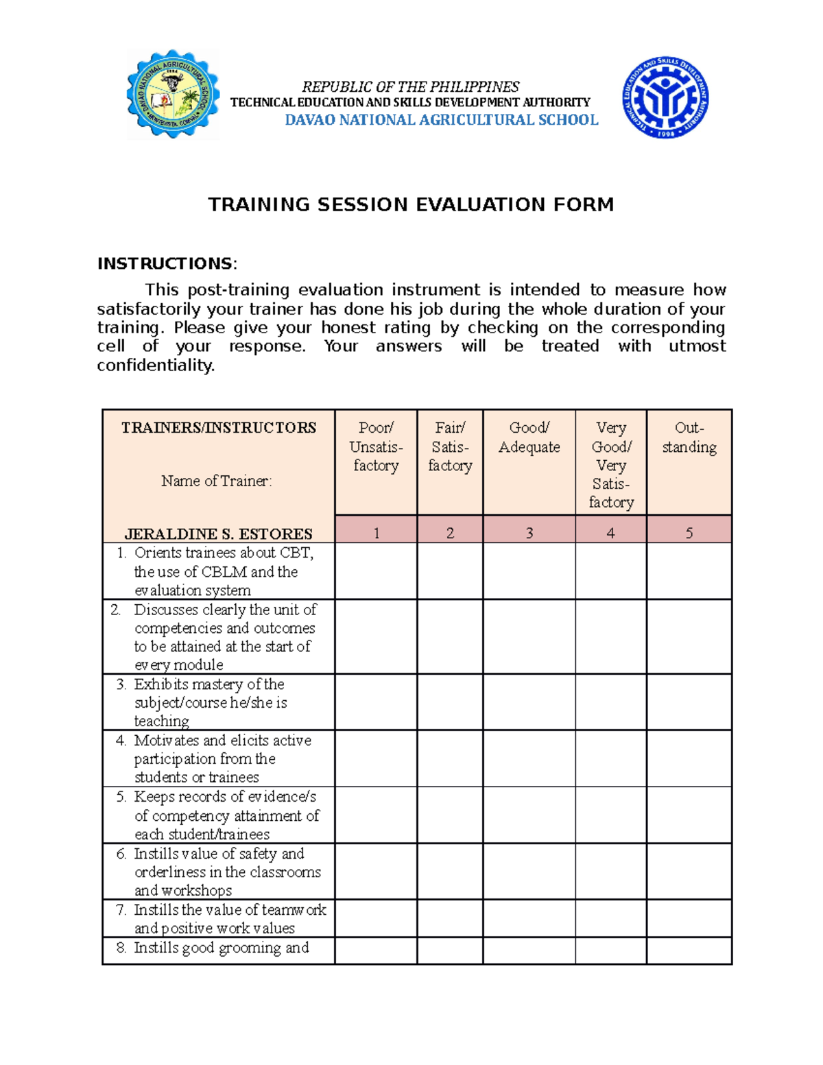 JE9 - TM Level 1 Training Session Evaluation Form - Studocu