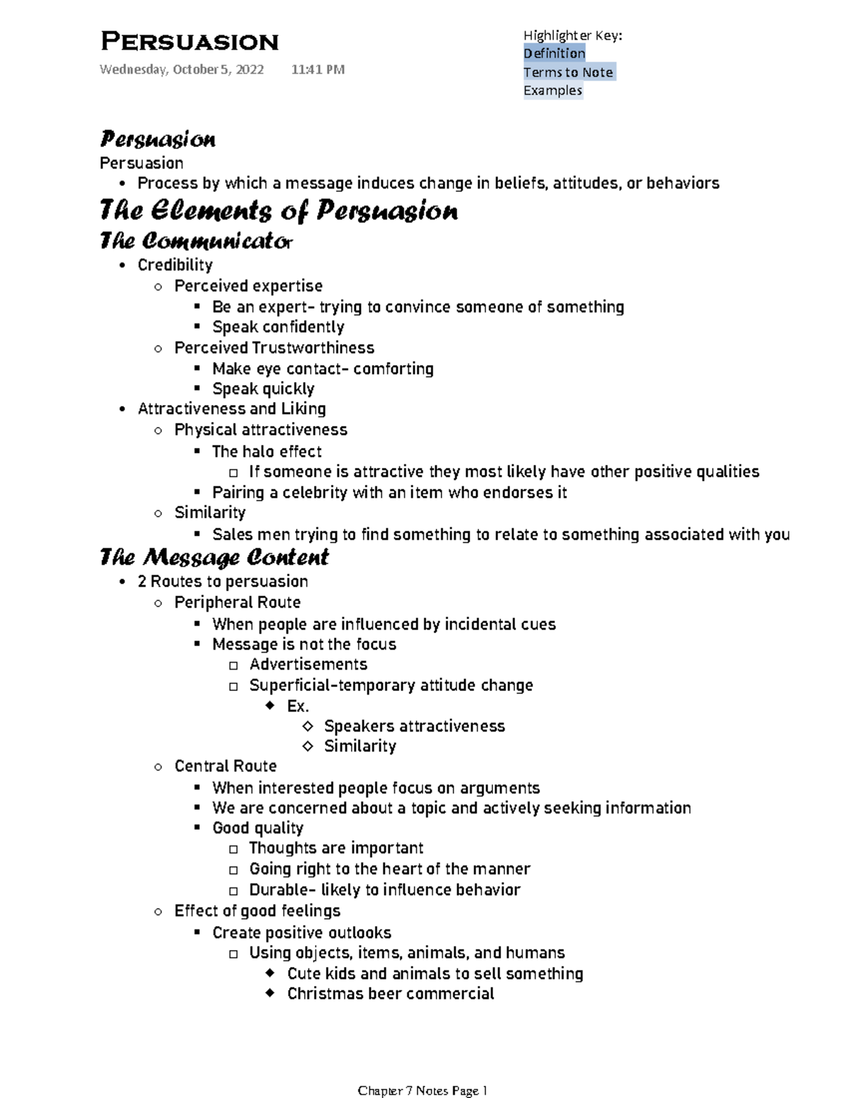 Chapter 7 Notes - Introduction to Persuasion and the elements of ...
