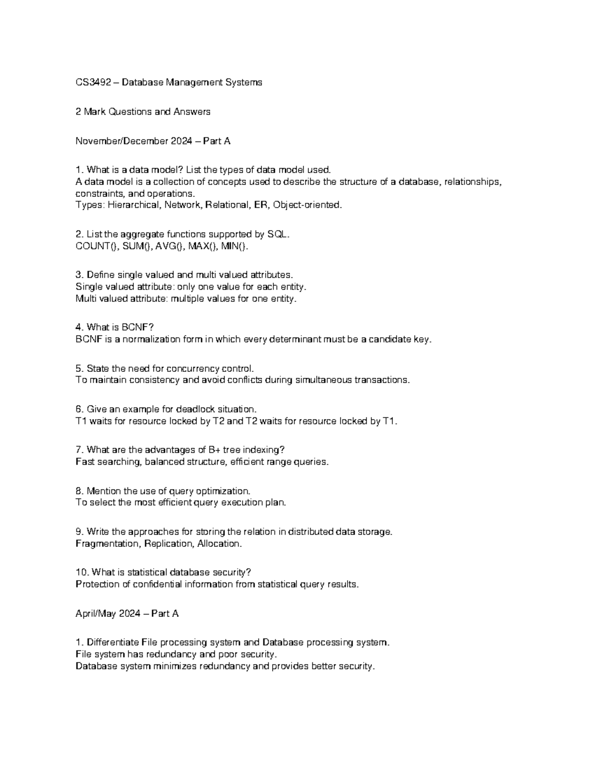 CS3492 Database Management Systems 2 Mark Q&A 2024 - Studocu