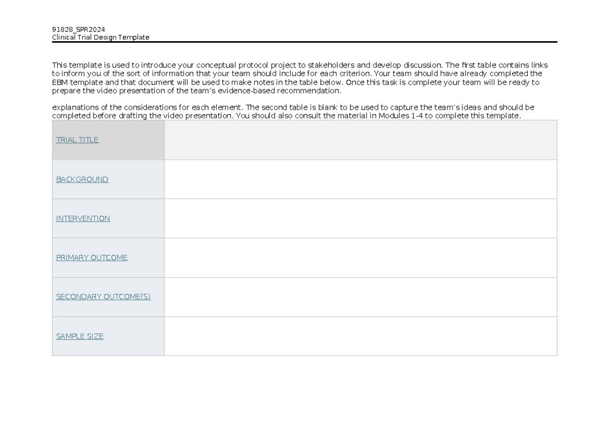 Clinical Trial Design Template - The first table contains links to ...