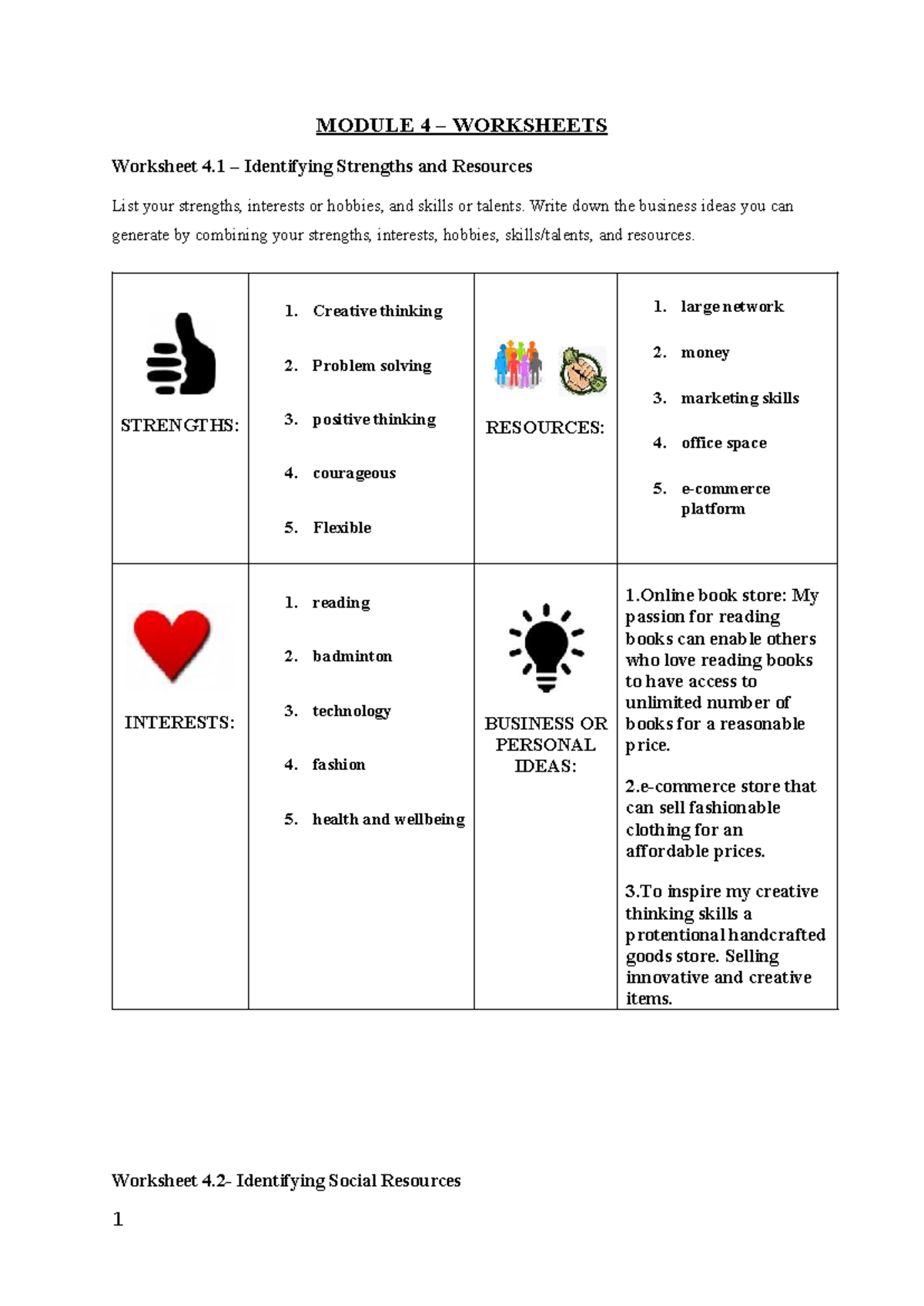 Module 4 Worksheets: Identifying Strengths & Business Ideas - Studocu