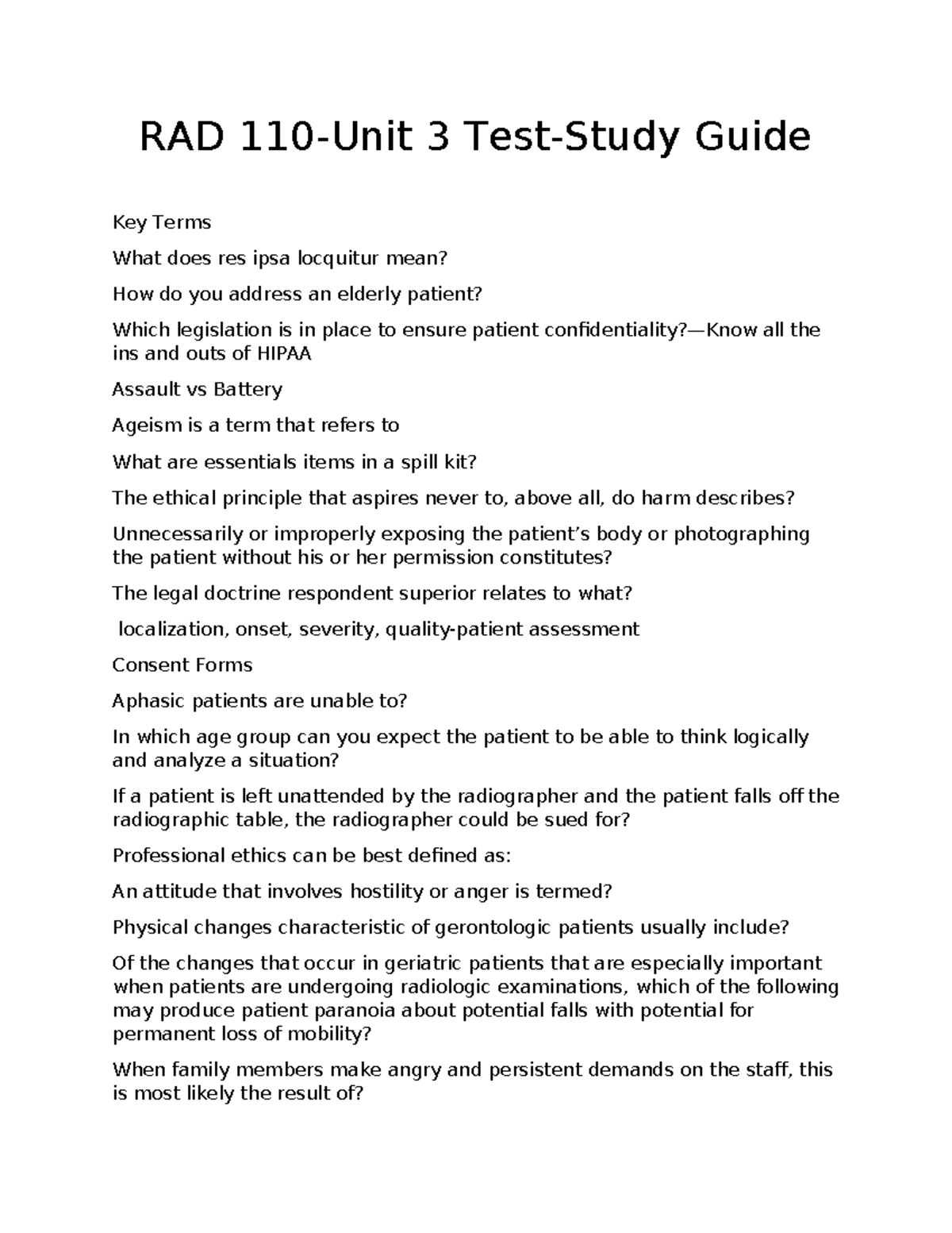 RAD 110 - Unit 3 Test Study Guide: Key Terms & Concepts - Studocu