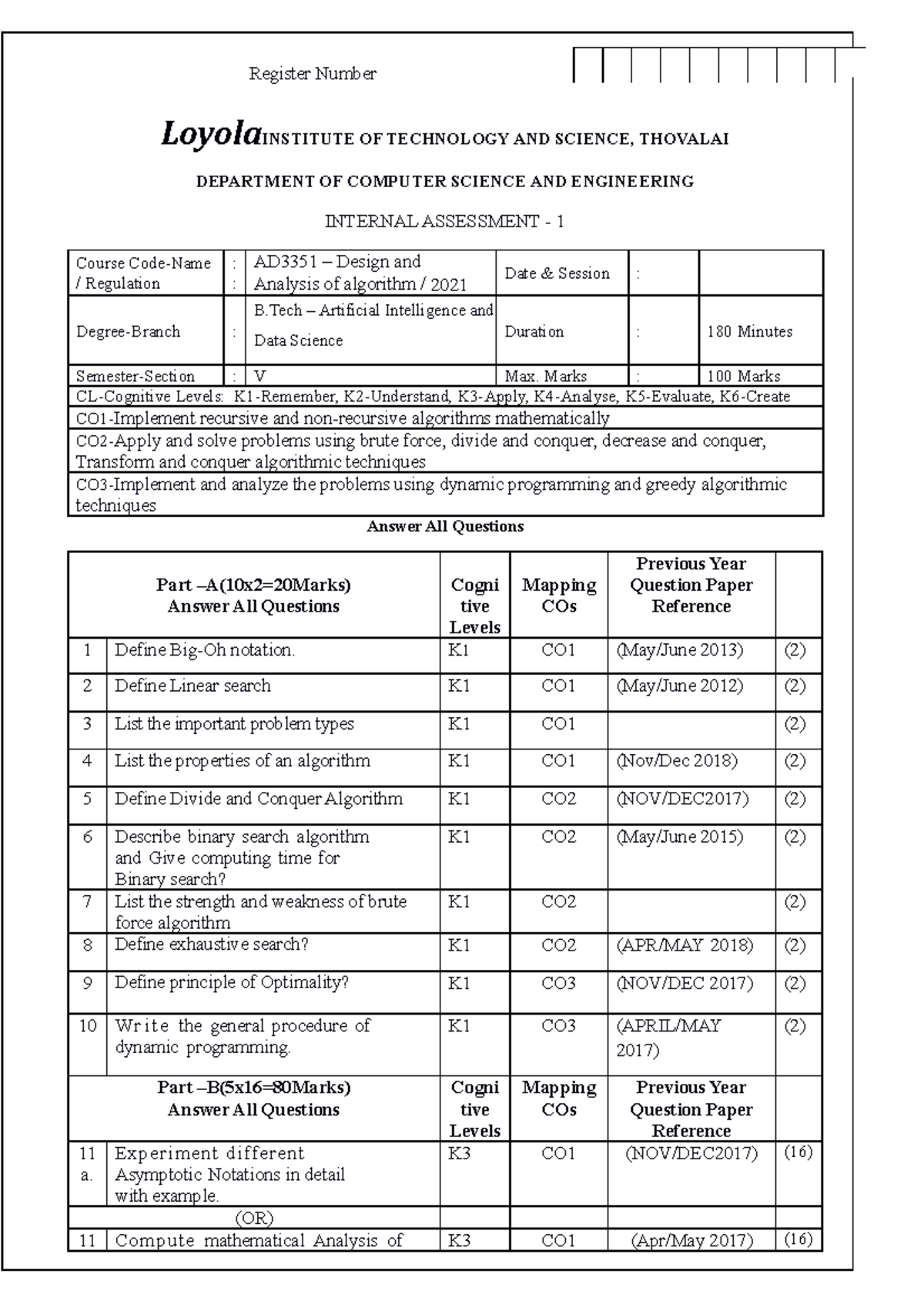 IAT AD3351 - Internal Assessment 1: Design & Analysis of Algorithms ...