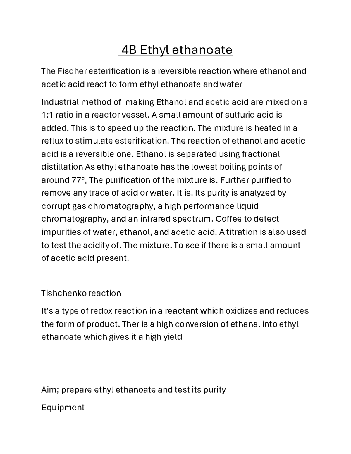 4B Final Exam Notes on Ethyl Ethanoate Synthesis and Purity Testing ...