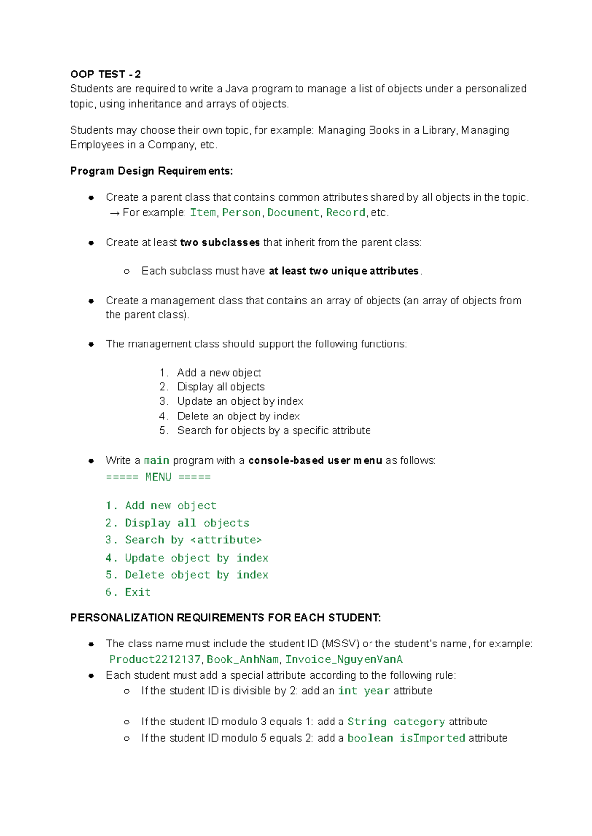 OOP TEST: Java Program for Object Management with Inheritance - Studocu