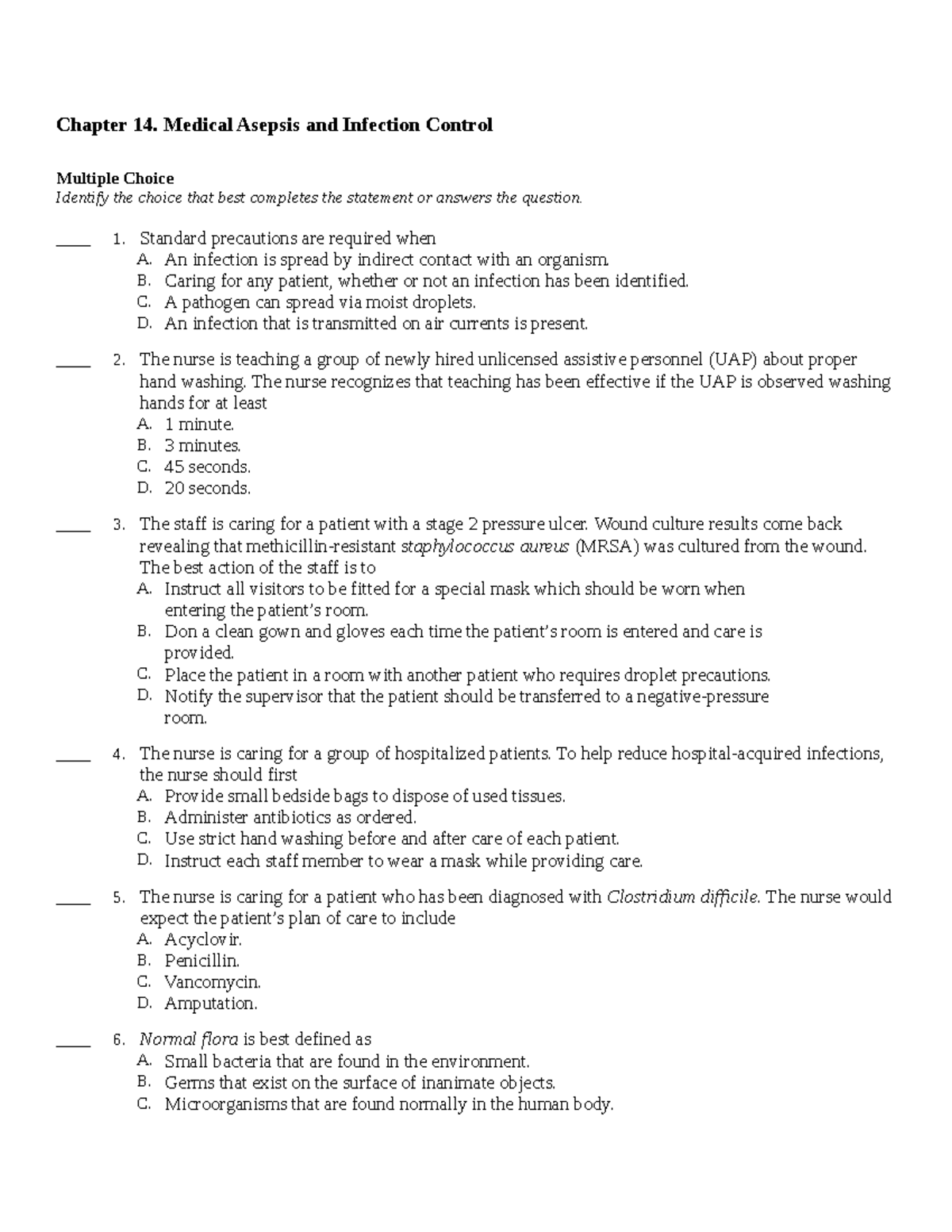Ch14 - Medical Asepsis & Infection Control Test Bank Questions - Studocu