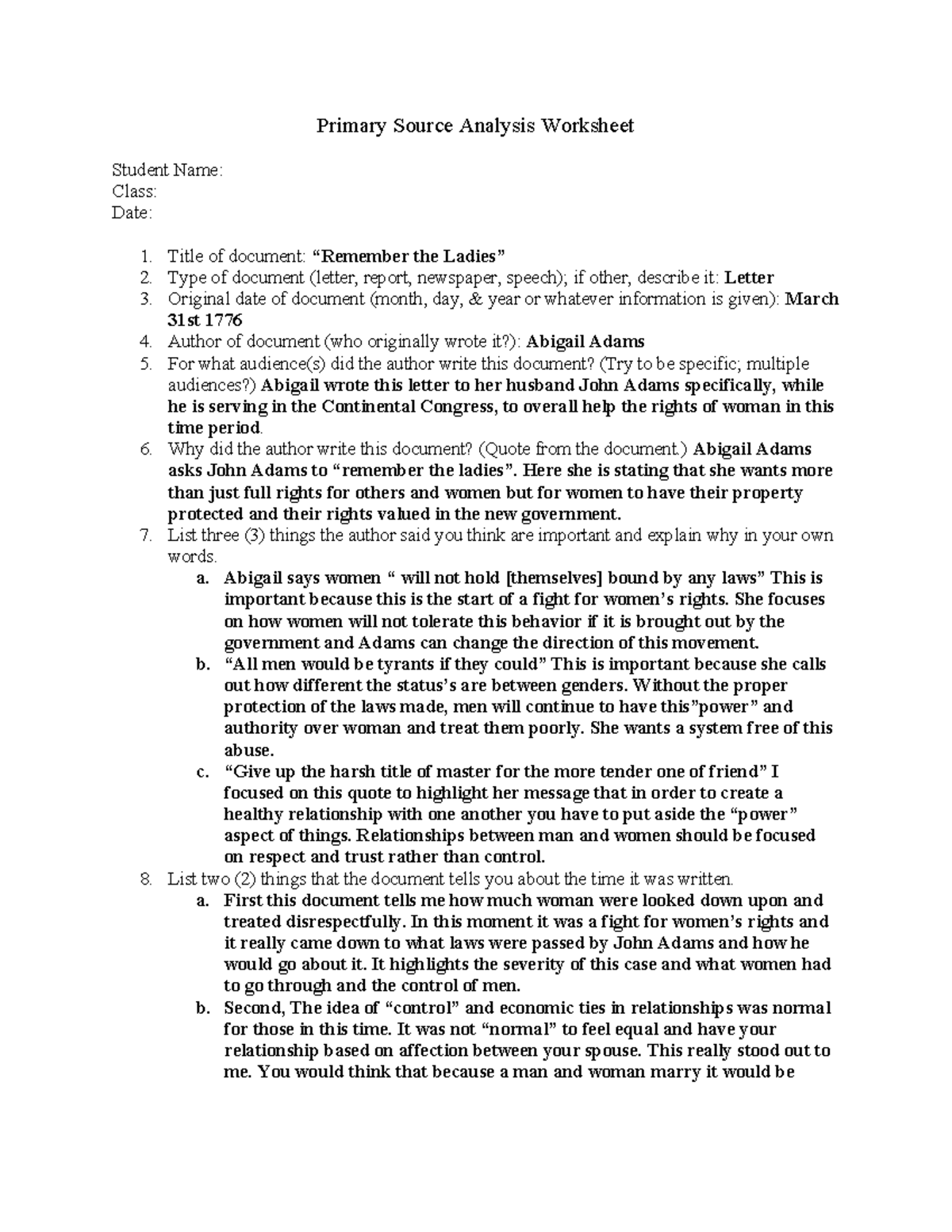 Primary Source Analysis: Abigail Adams' Letter (Mar 31, 1776) - Studocu