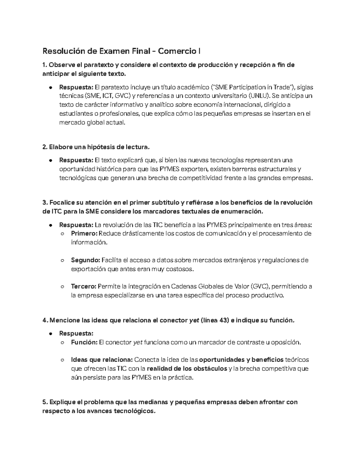 Examen Final Comercio: Análisis de PYMES en GVC y TIC - Studocu