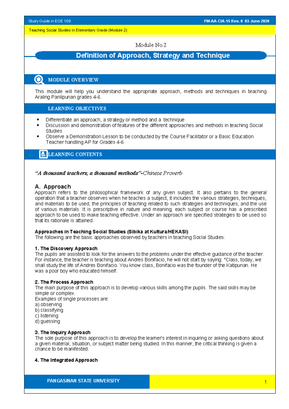 EGE 109 SG 2 Teaching Social Studies Module 2 - Approach and Techniques ...